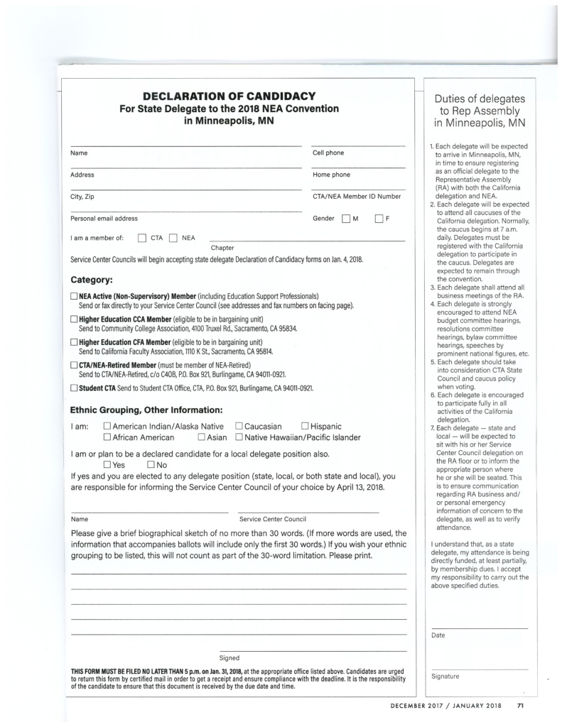 Declaration of Candidacy For NEA Delegate to the 2018 NEA Convention ...